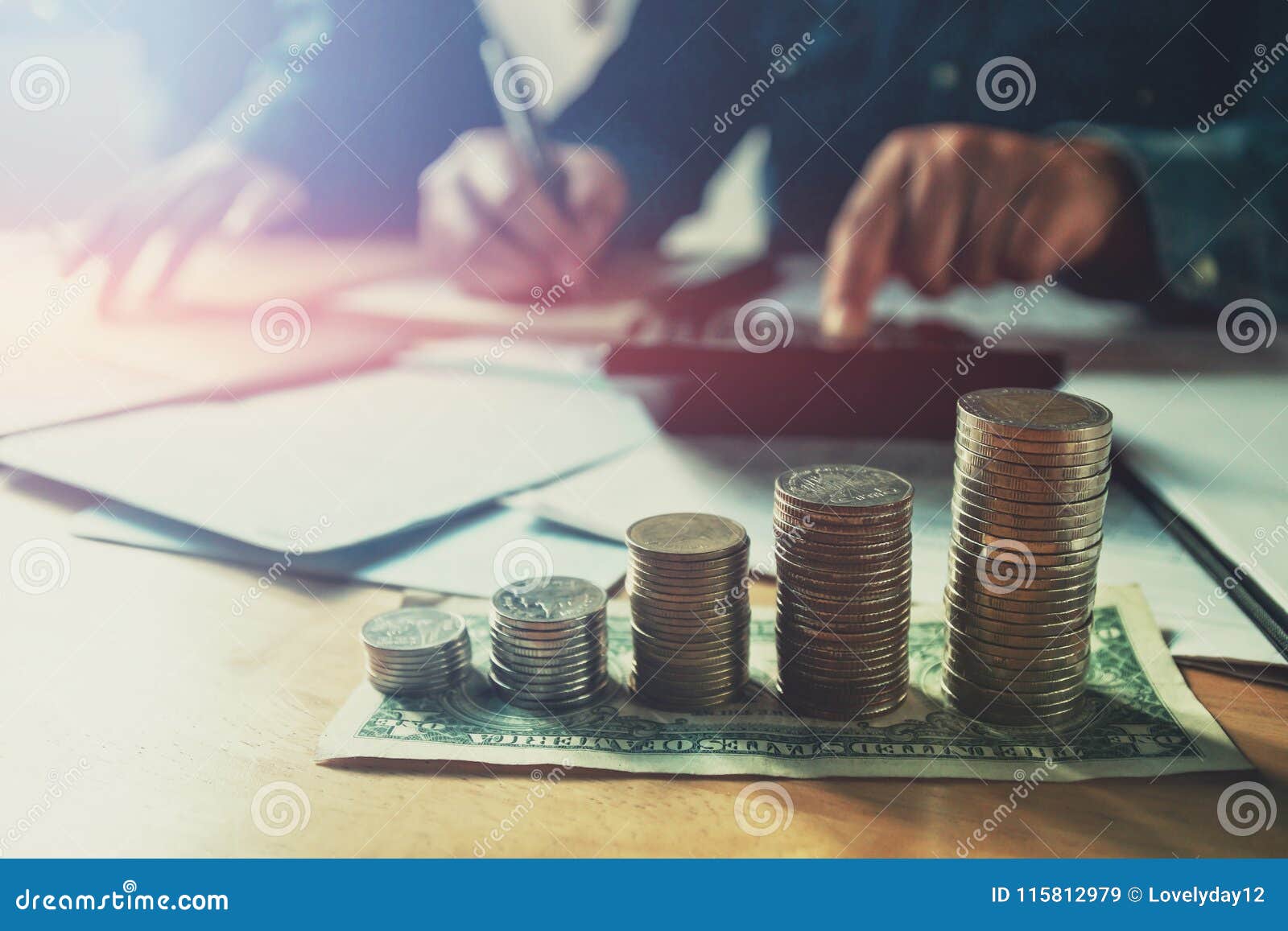 Stack Money with Blur Accountant Working in Office. Concept Saving ...