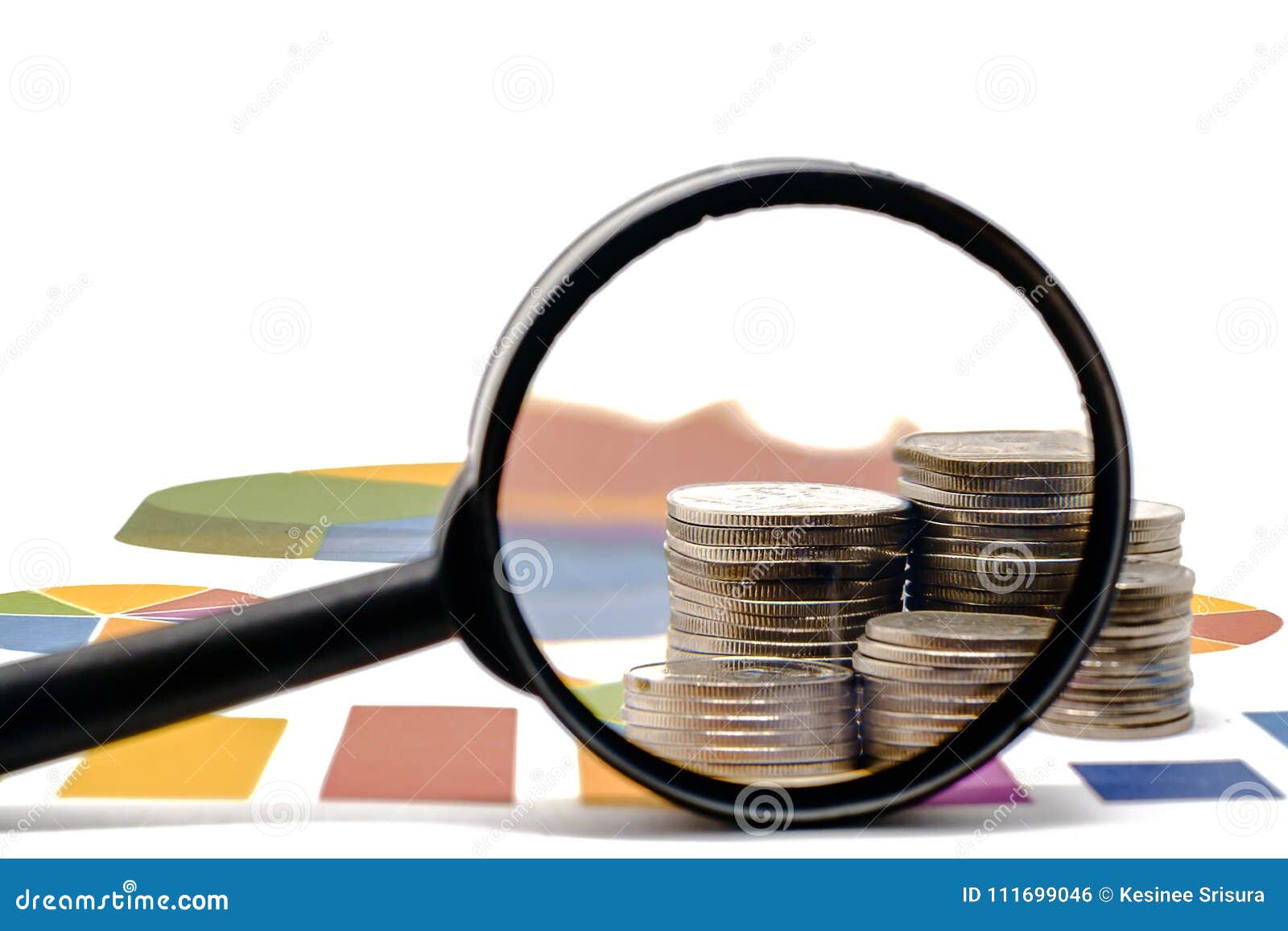 Stack of Money Coin Zoomed by Magnifying Glass on Data Chart and Stock ...