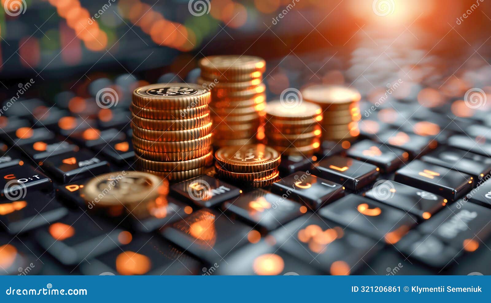 Stack Money Coins on a Laptop Keyboard with a Blurred Background Stock ...