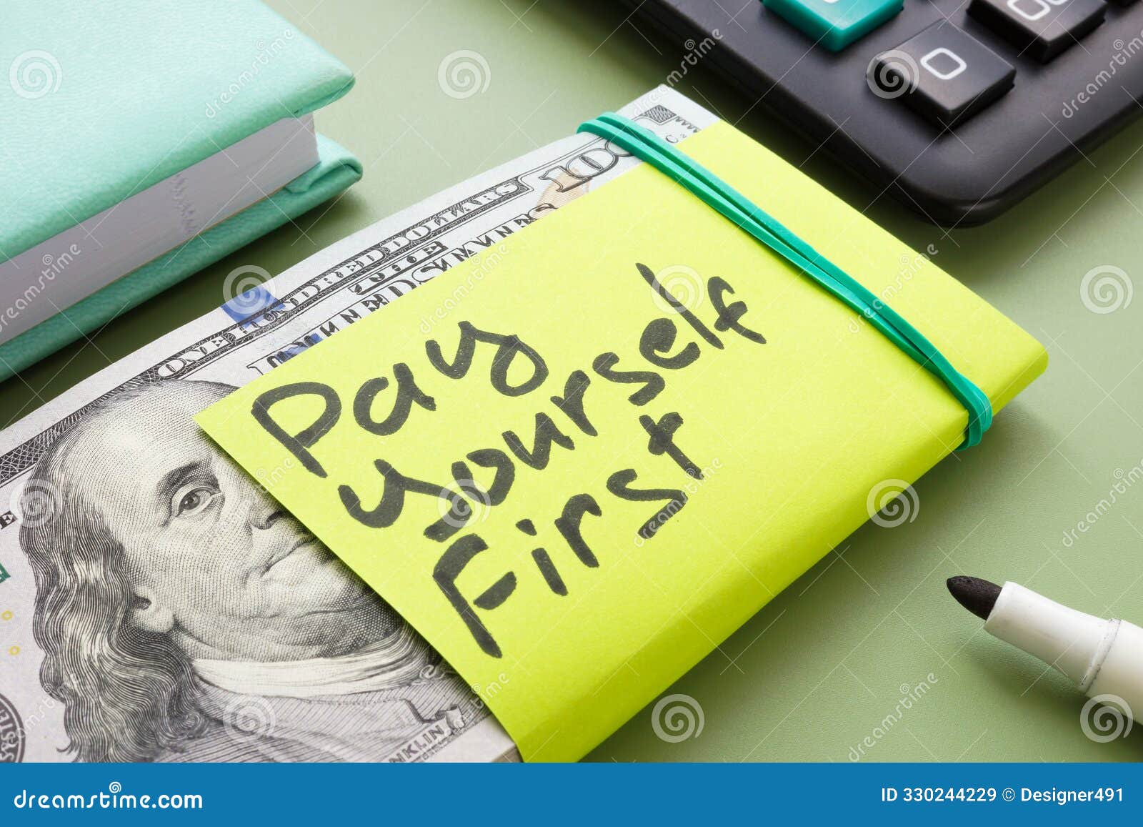 Stack of Money with the Label Pay Yourself First. Financial ...