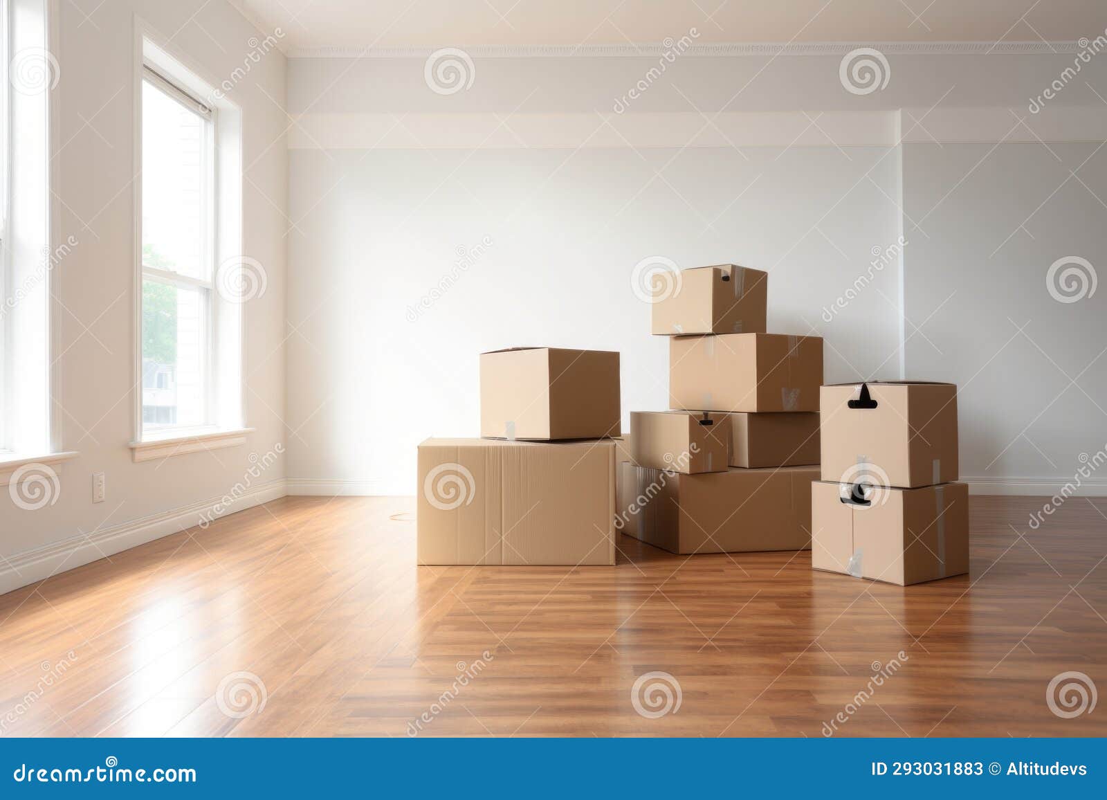 Stack of Moving Boxes in a Clean, Empty Room Stock Image - Image of ...