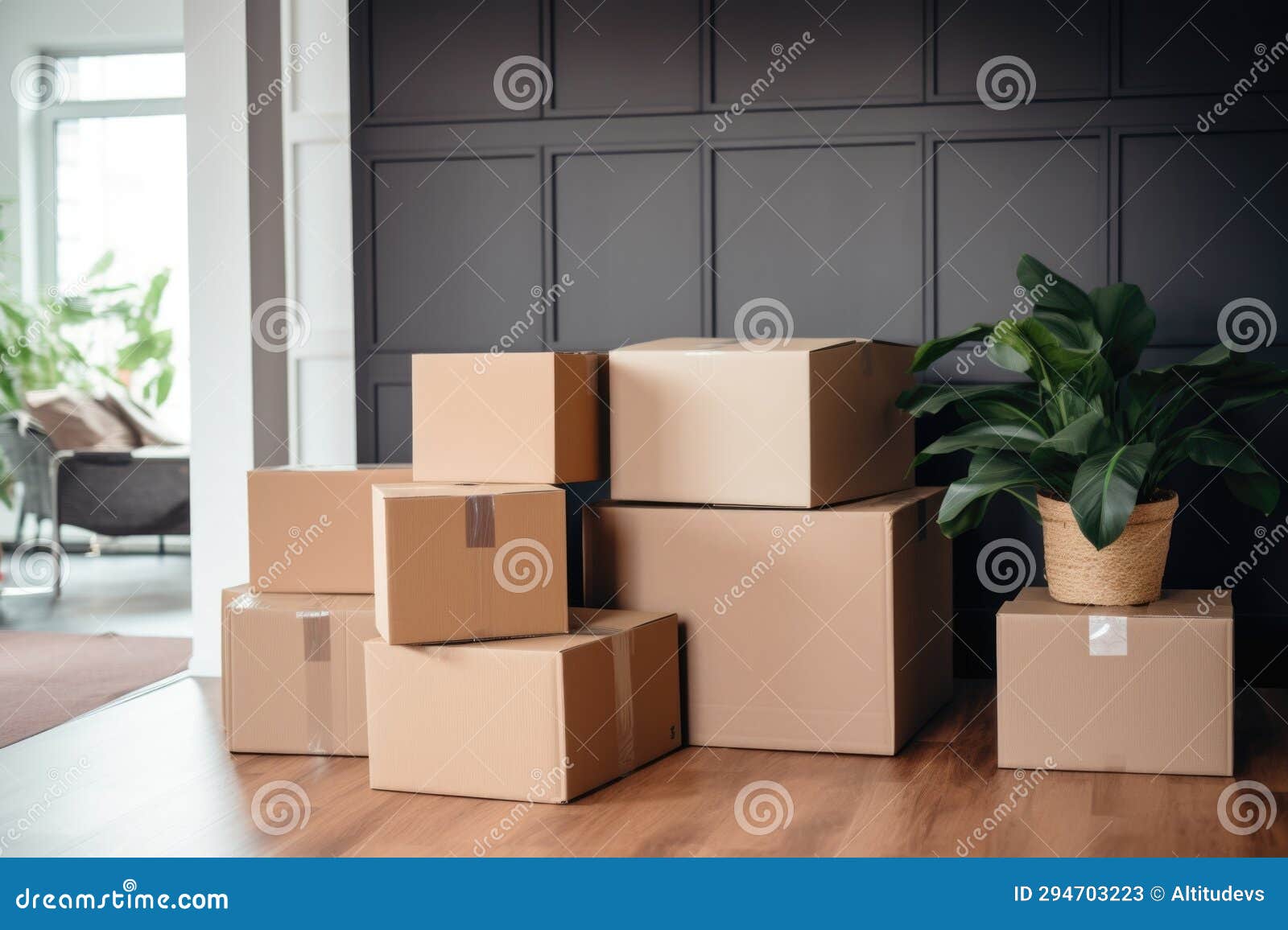 A Stack of Moving Boxes in a Living Room Stock Image - Image of ...