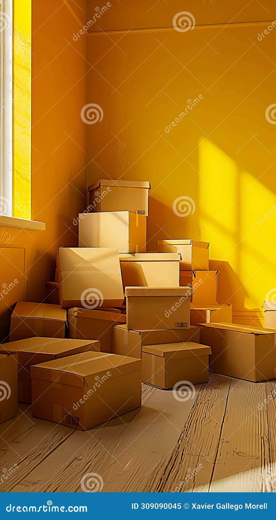 Stack of Moving Boxes in Yellow Empty Room with Sunlight Stock Image ...