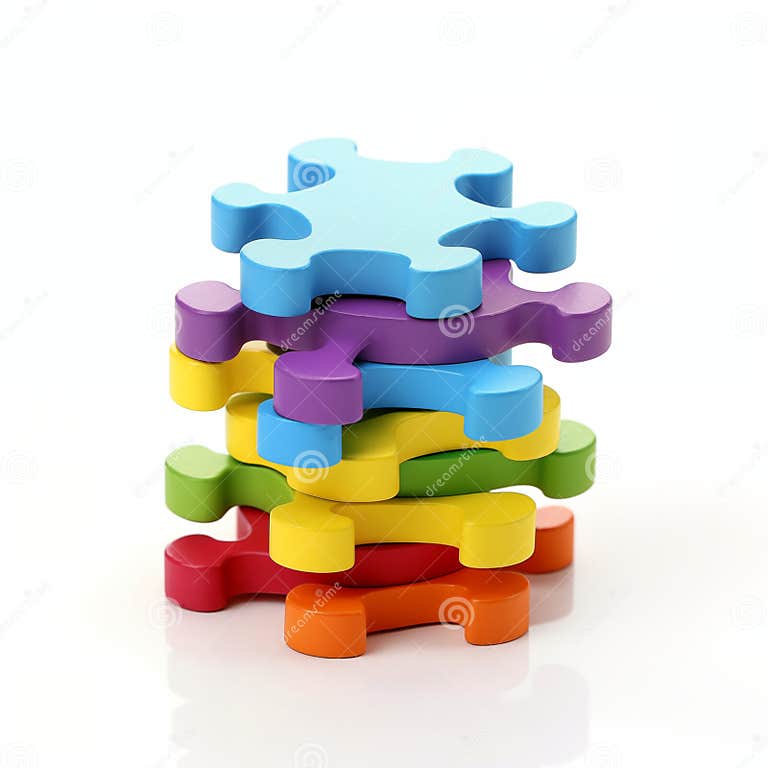 Stack of Multi-Colored Puzzle Pieces Arranged Vertically on a White ...