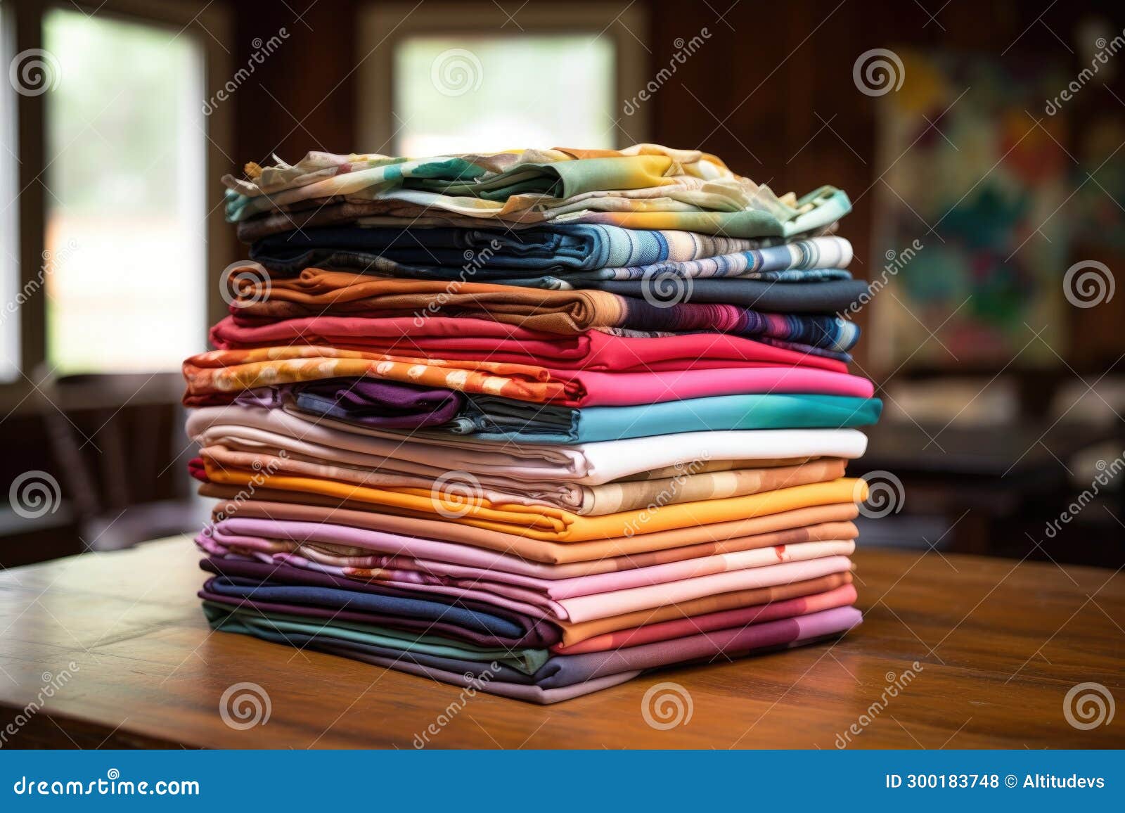 Stack of Multicolored Fabric Swatches on a Table Stock Illustration ...