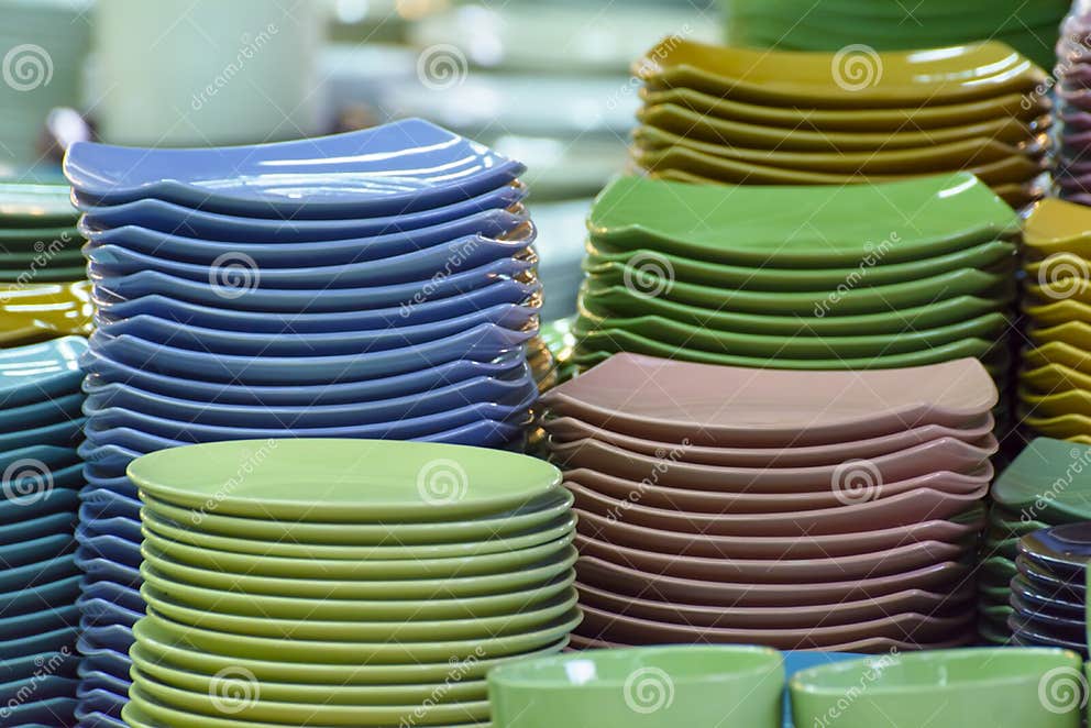 Stack of Multicolored Plates Its Was Tile Stock Image - Image of plates ...