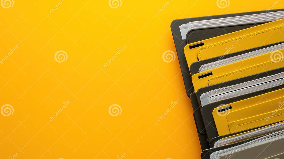 Stack of Neatly Arranged Folders with Labels on Bright Yellow ...