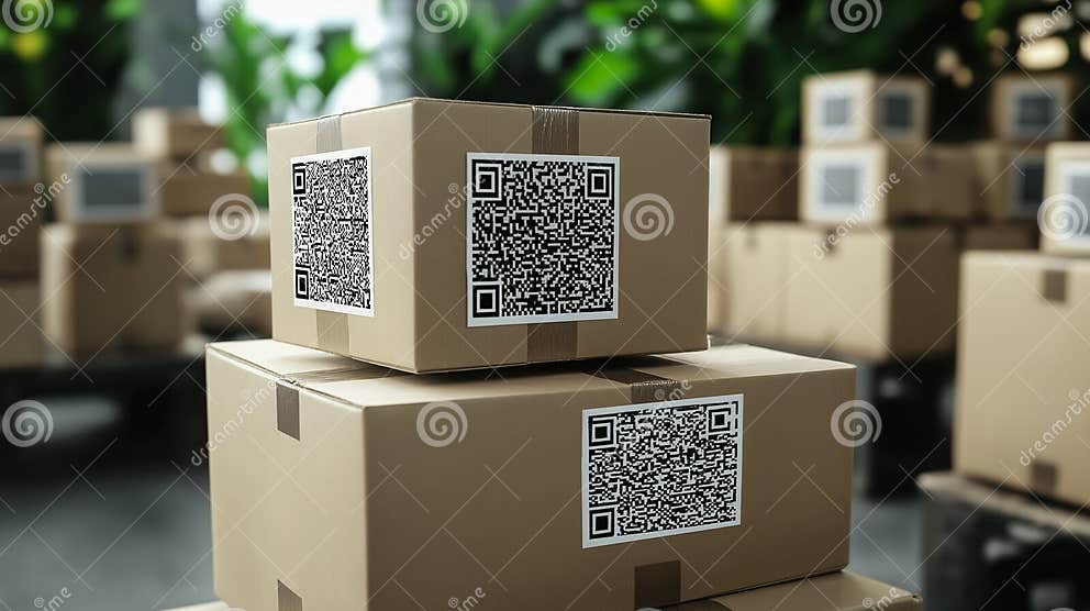 Stack of Neatly Packed Parcels with QR Codes for Quick Scanning Stock ...