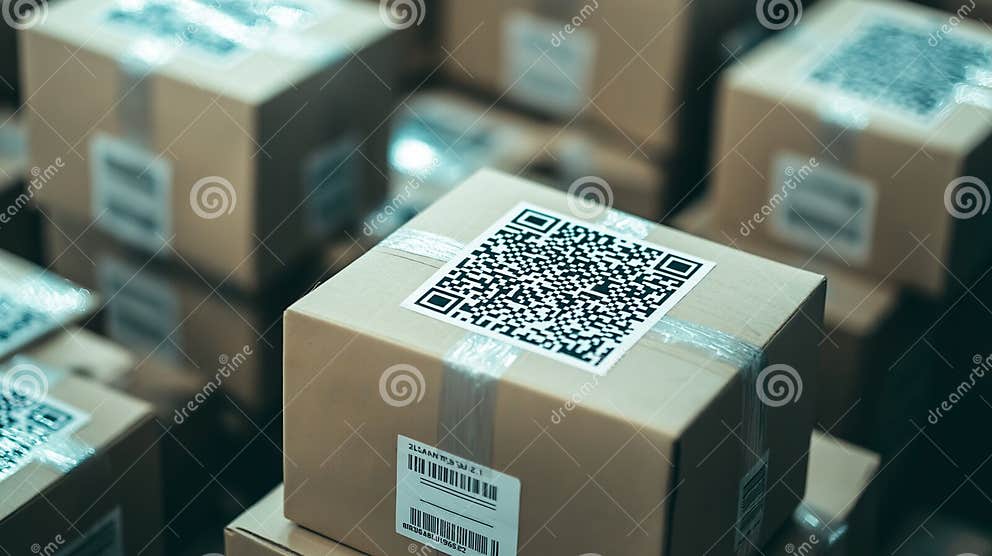 Stack of Neatly Packed Parcels with QR Codes for Quick Scanning Stock ...