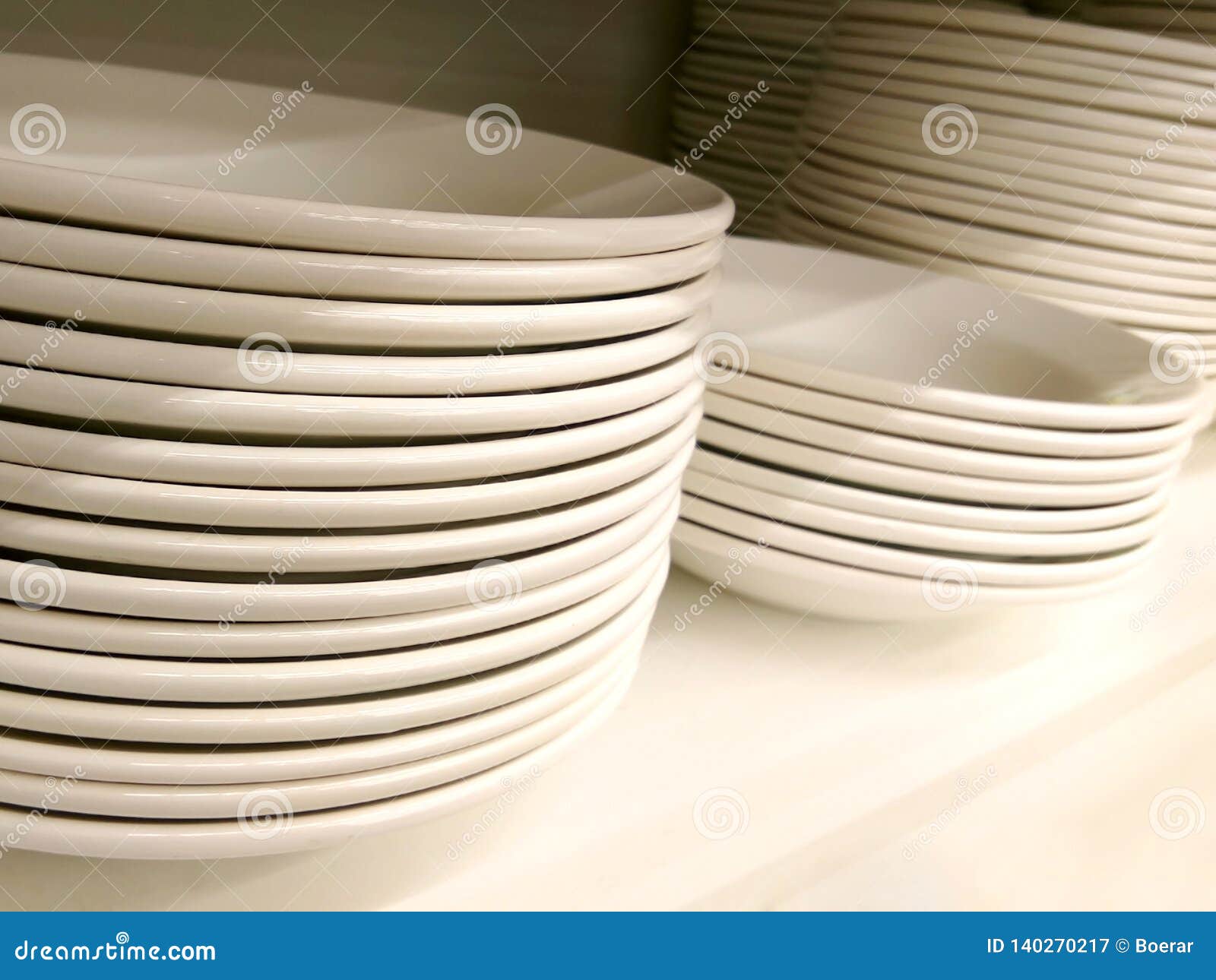 Stack Of New Clean White Plain Plates And Bowls On The Shelf Stock Image Image Of Empty