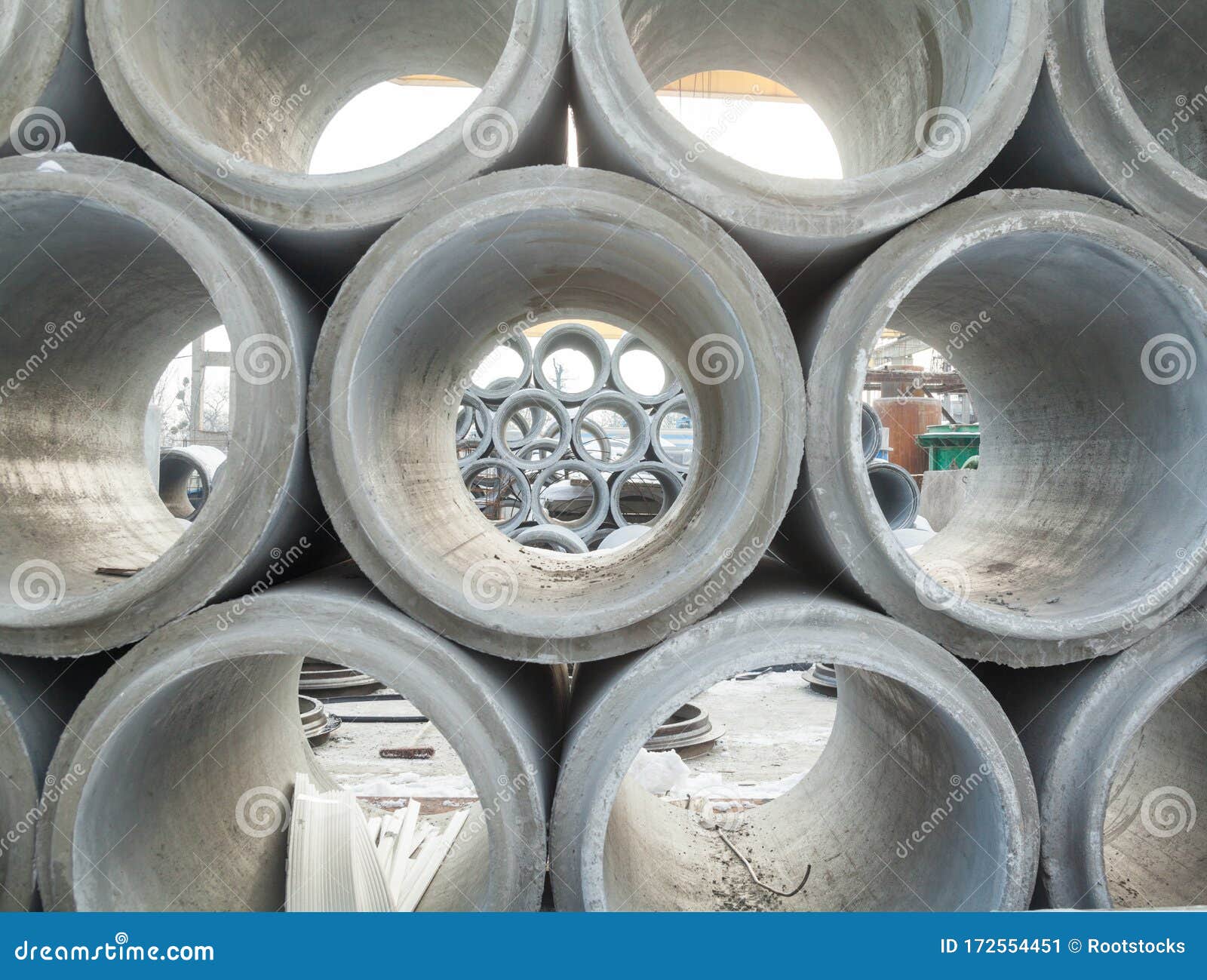Stack of New Concrete Pipes Stock Image - Image of gray, background ...