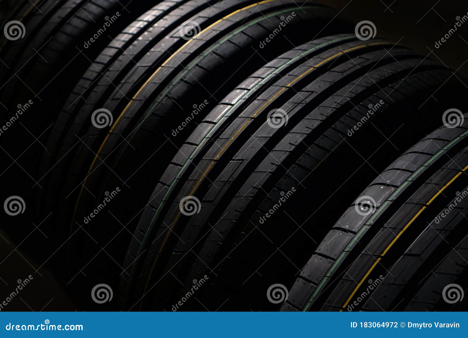 Stack of New Tires on a Dark Background . Stock Photo - Image of drive ...