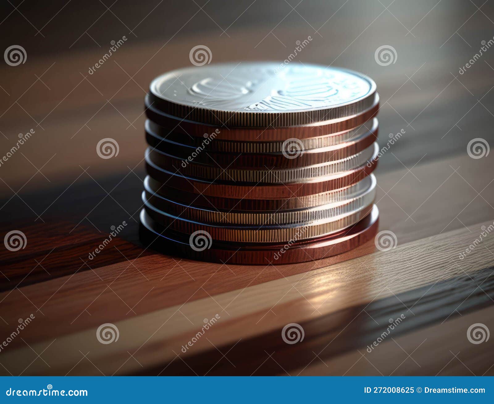 A Stack of Newly Minted Coins on a Polished Mahogany Table. AI ...