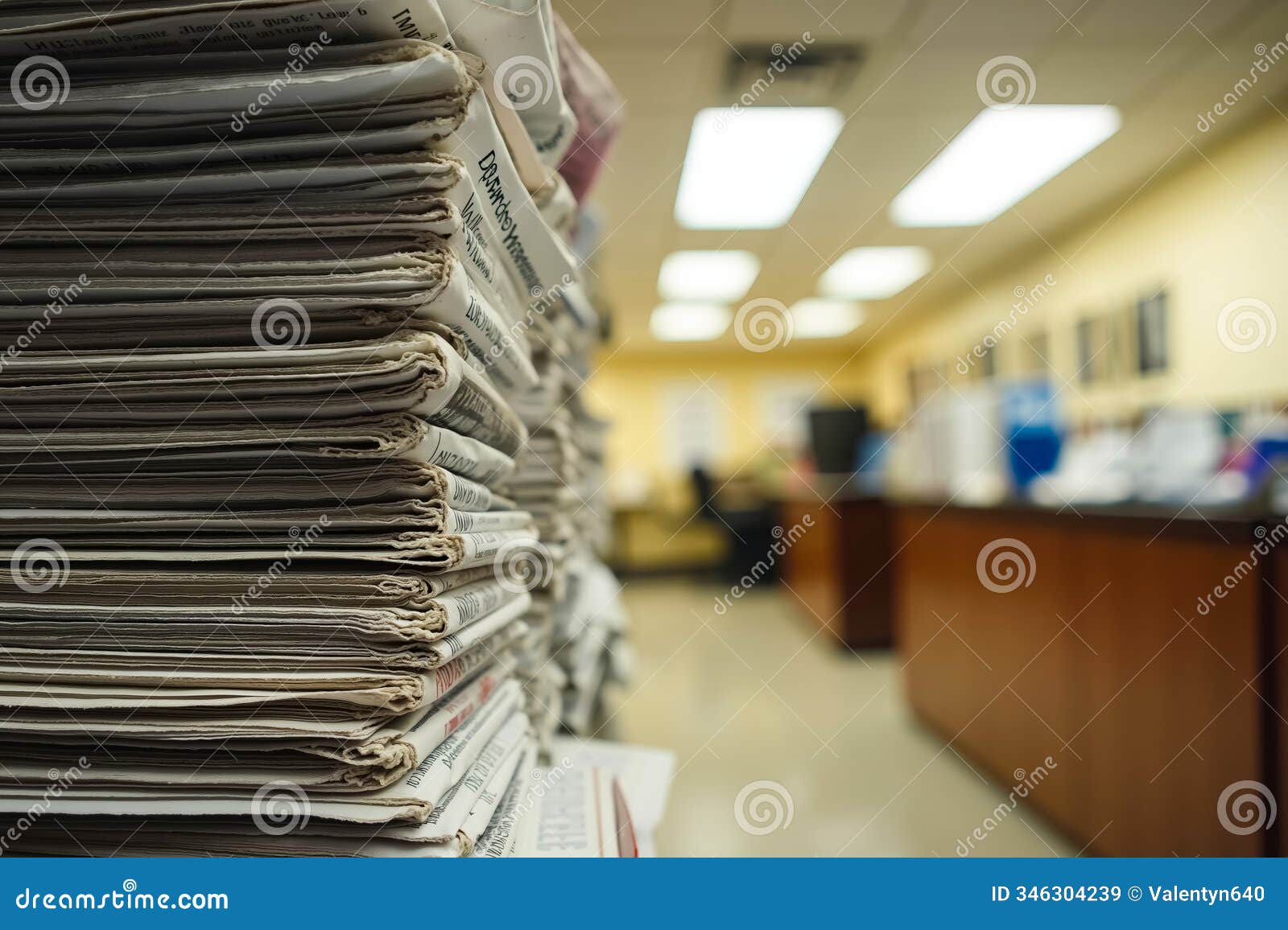 A Stack of Newspapers Sitting on Top of a Table in an Office Stock ...