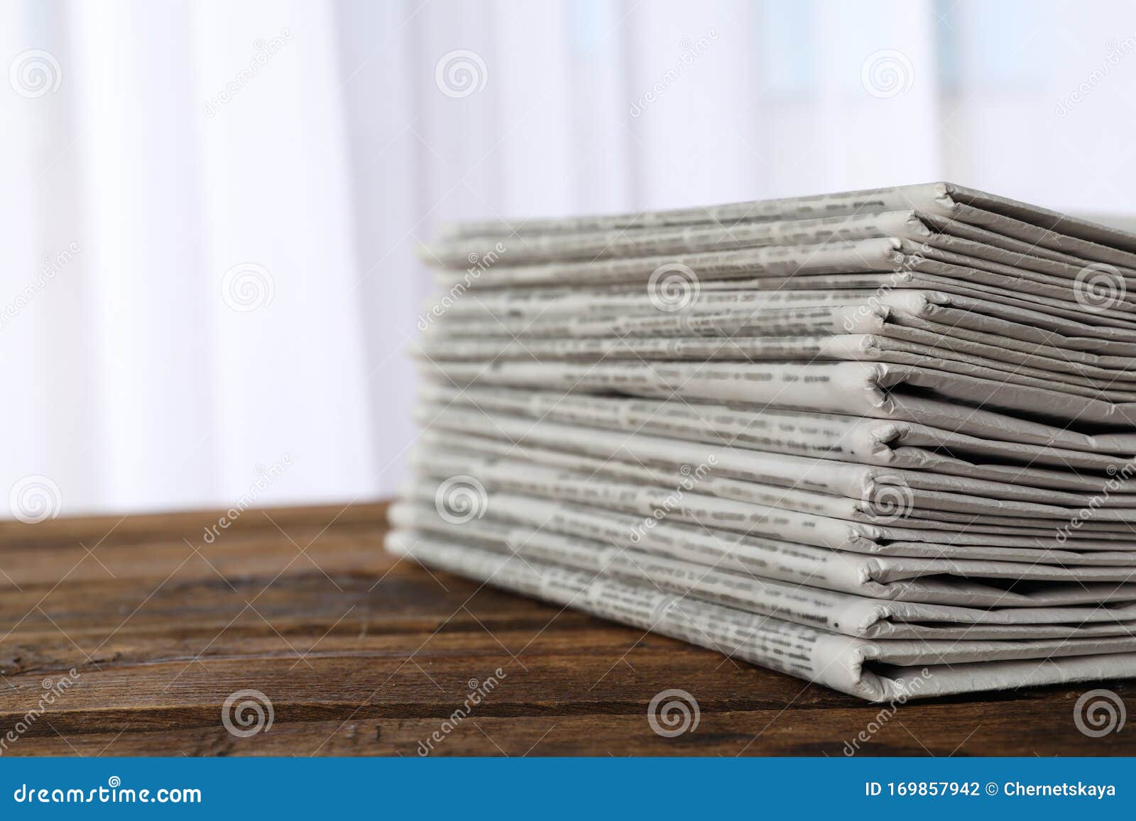 Stack of Newspapers on Wooden Table. Journalist`s Work Stock Photo ...
