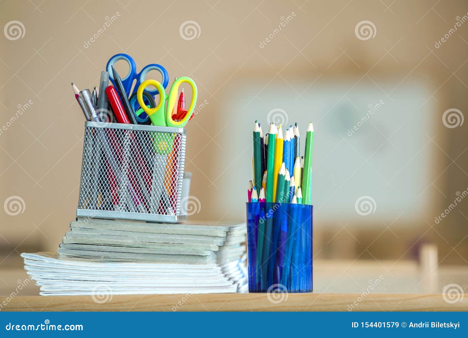 Stack of Notebooks, Colorful Drawing Pencils and Stationery Arrangement ...