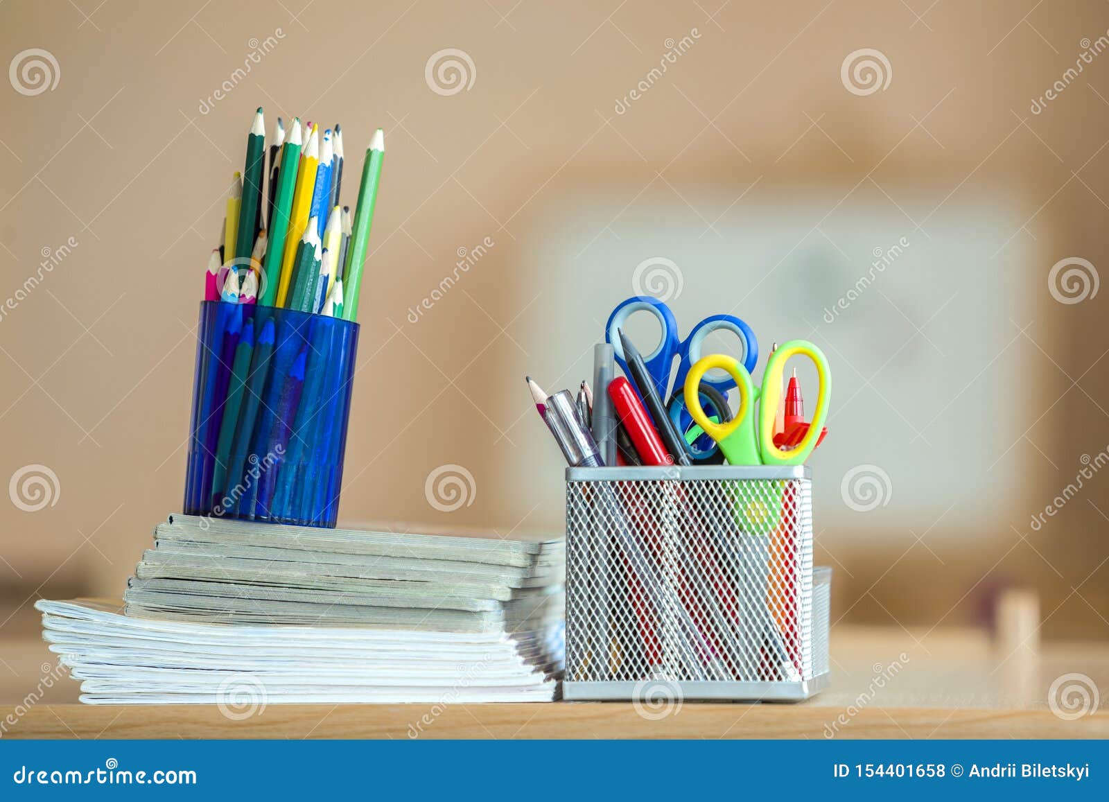 Stack of Notebooks, Colorful Drawing Pencils and Stationery Arrangement ...