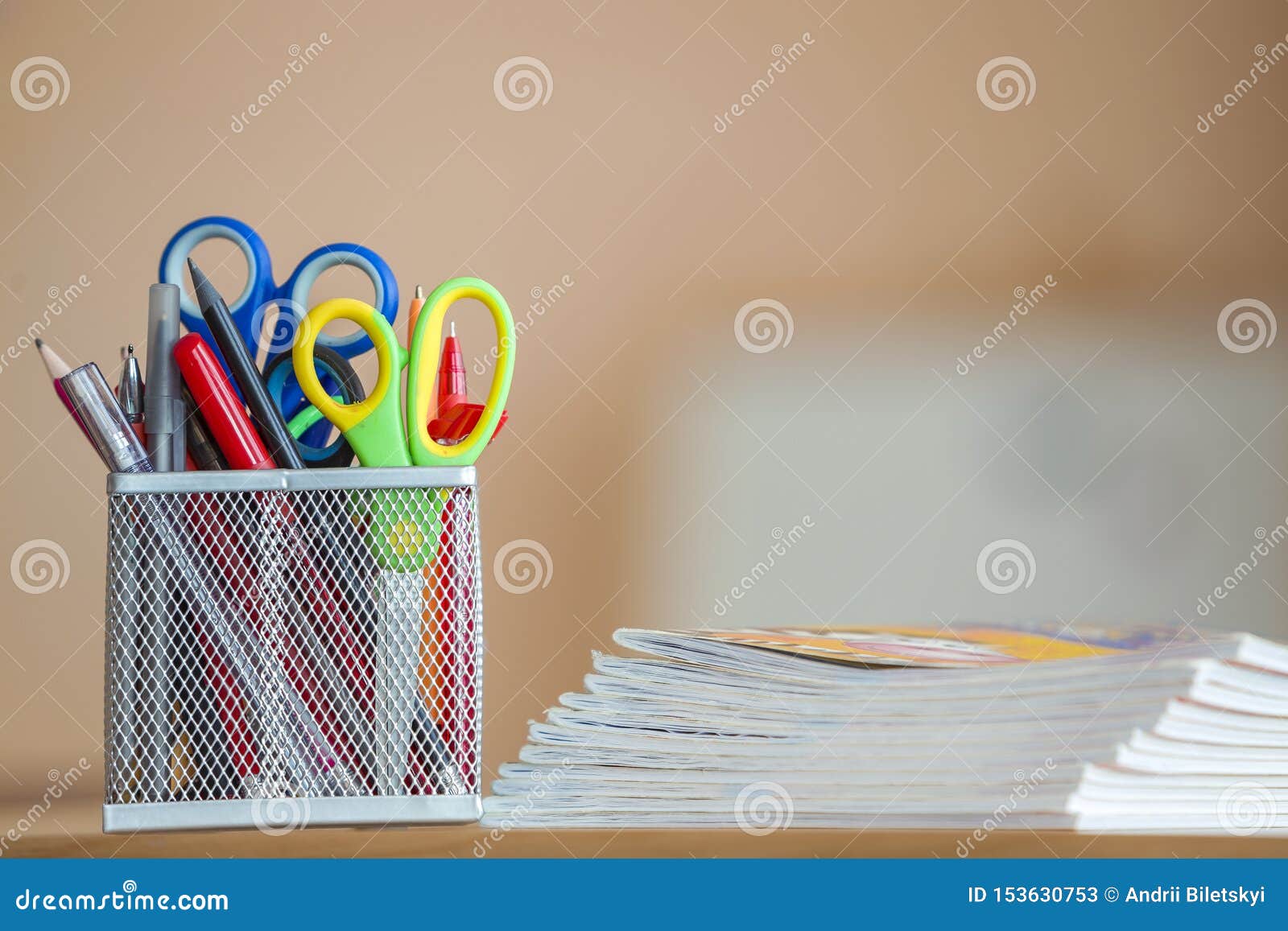 Stack of Notebooks and Stationery Arrangement in Classroom or Office on ...
