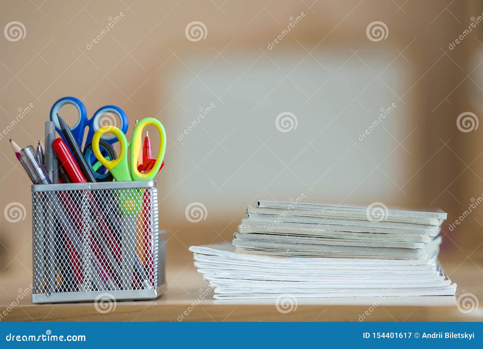 Stack of Notebooks and Stationery Arrangement in Classroom or Office on ...