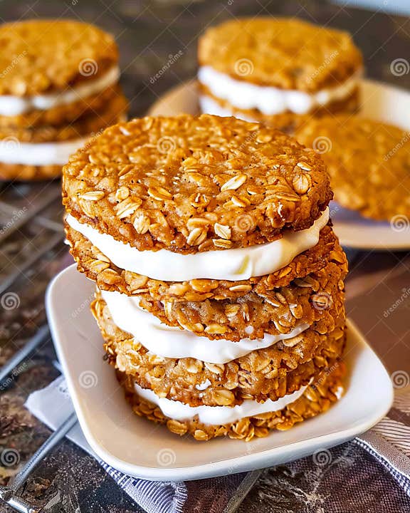 A Stack of Oatmeal Cookies with Cream on Top Stock Image - Image of ...
