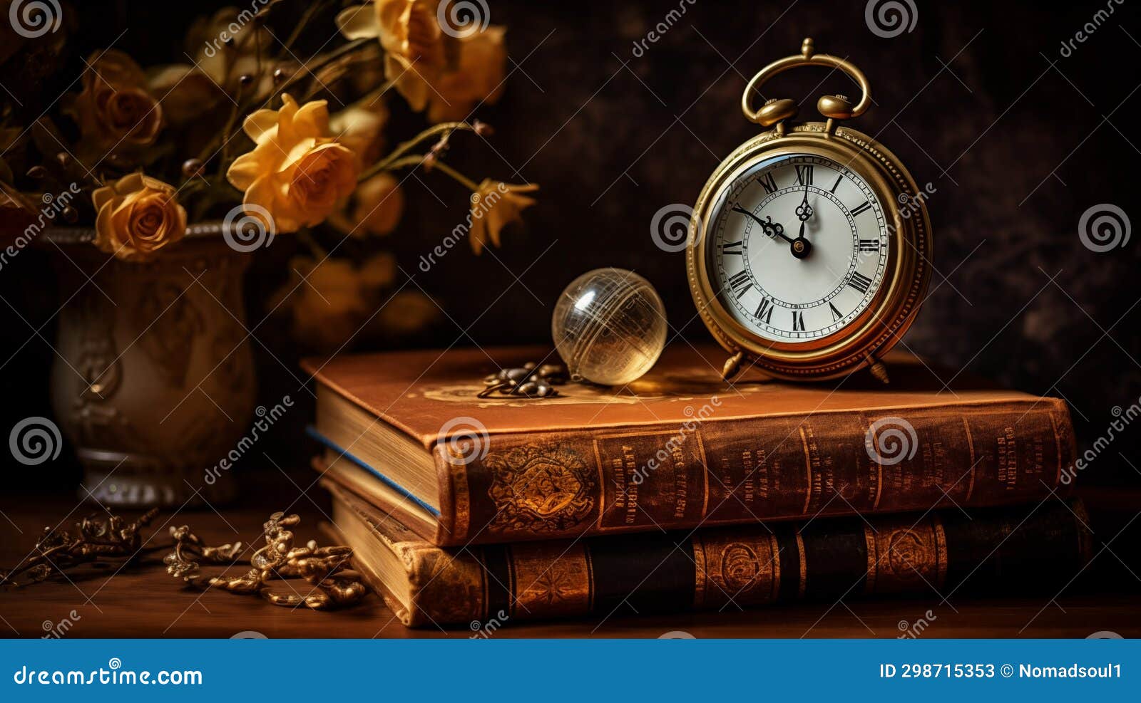 Stack of Obsolete Books and Old-fashioned Clock Still Life Generative ...