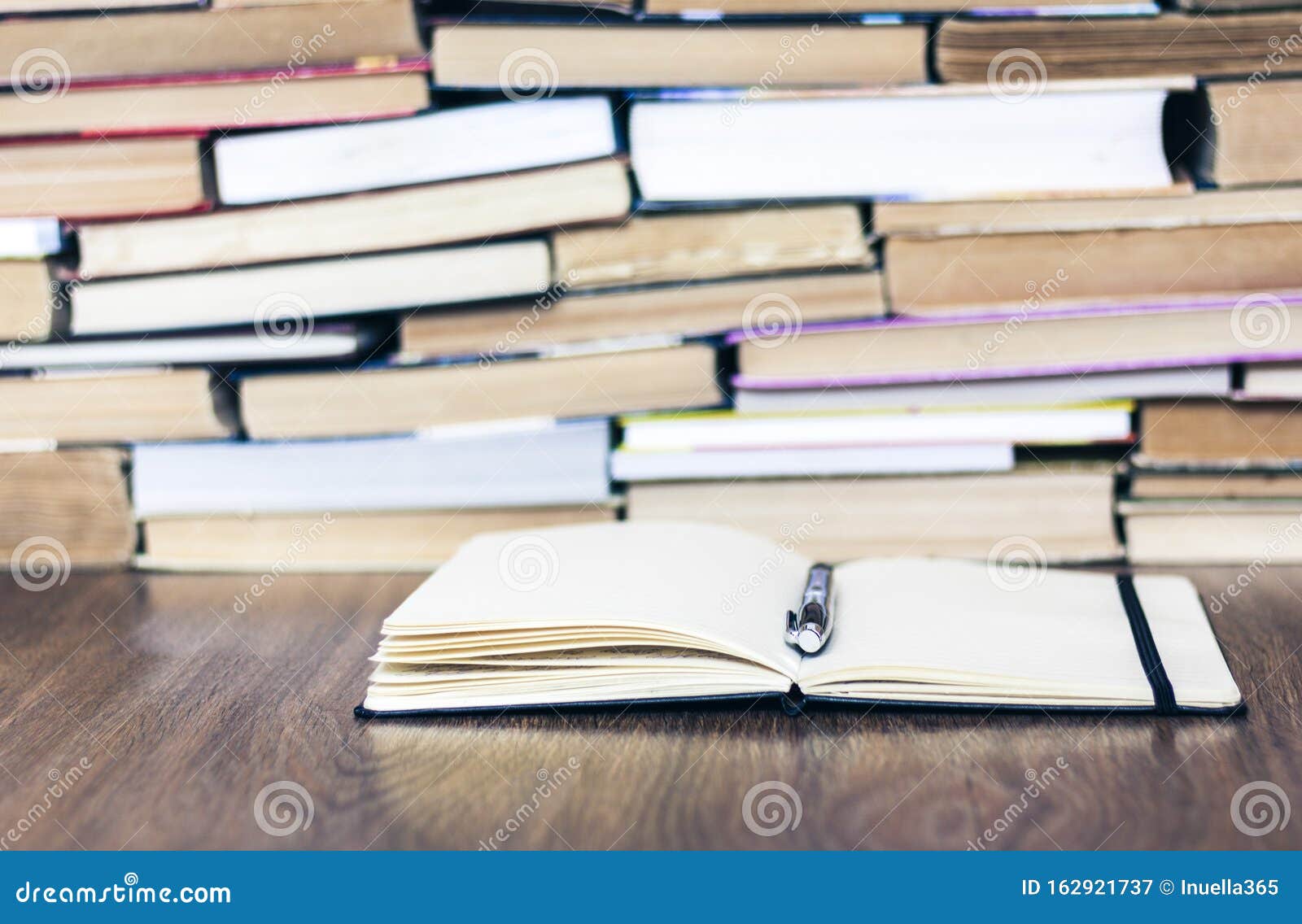 Stack of Old Book, Open Notebook and Pen. Education Concept Background ...