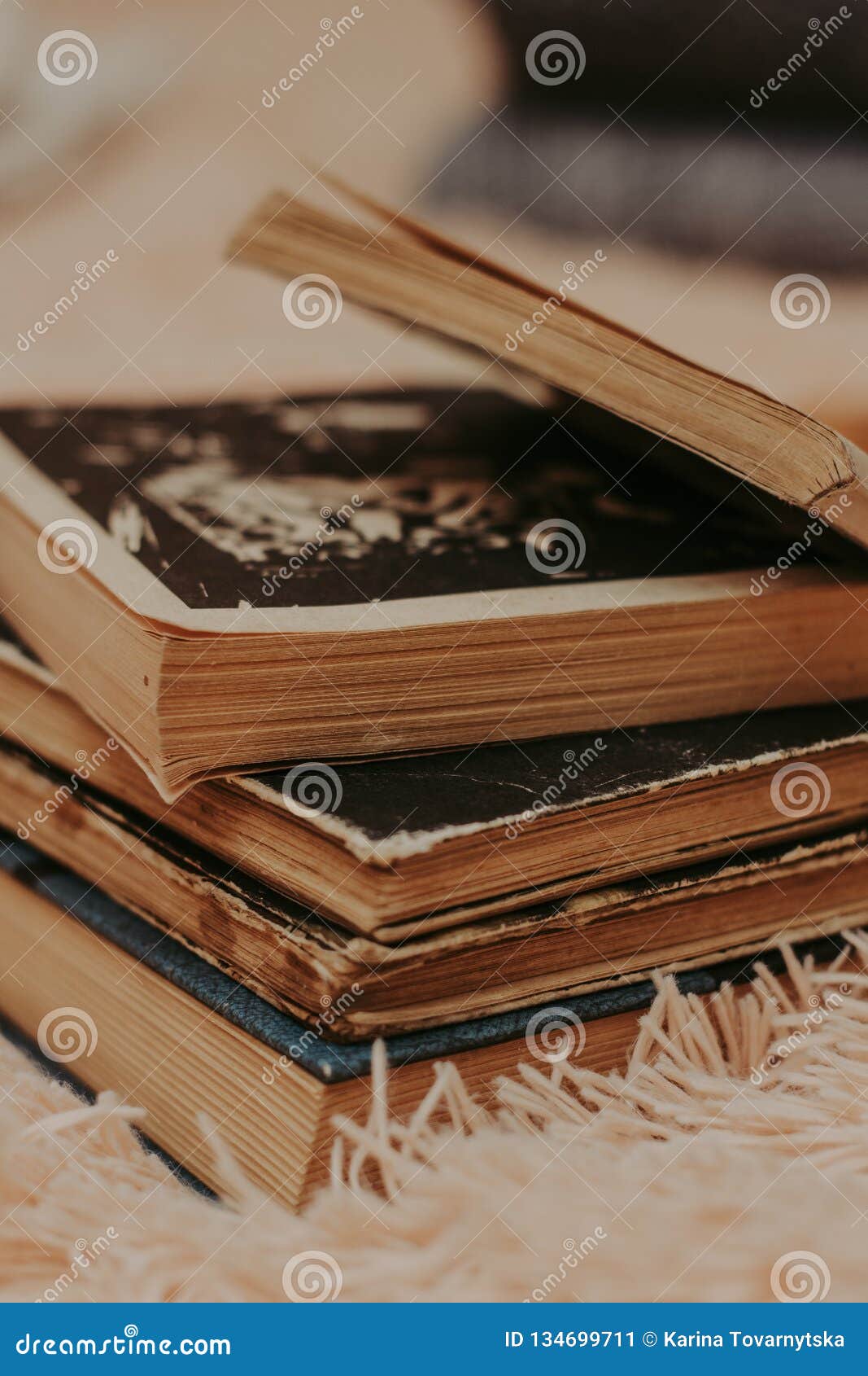 A Stack of Old Books on a Cozy Fluffy Beige Blanket. Place for Text ...
