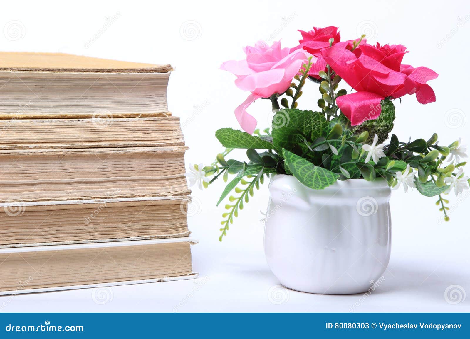 Stack of Old Books. Flowers in Pot Stock Image - Image of flora, book ...