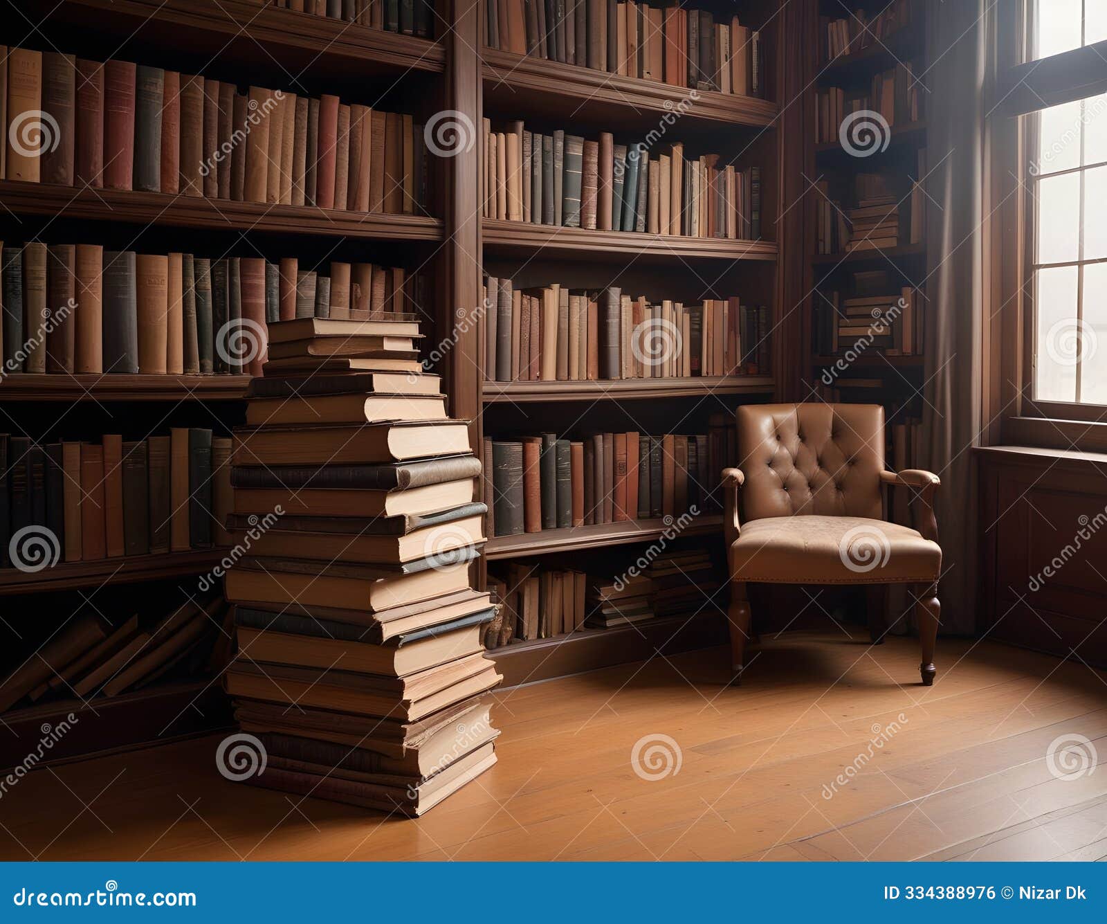 A Stack of Old Books in Front of a Large Bookshelf Filled with More ...