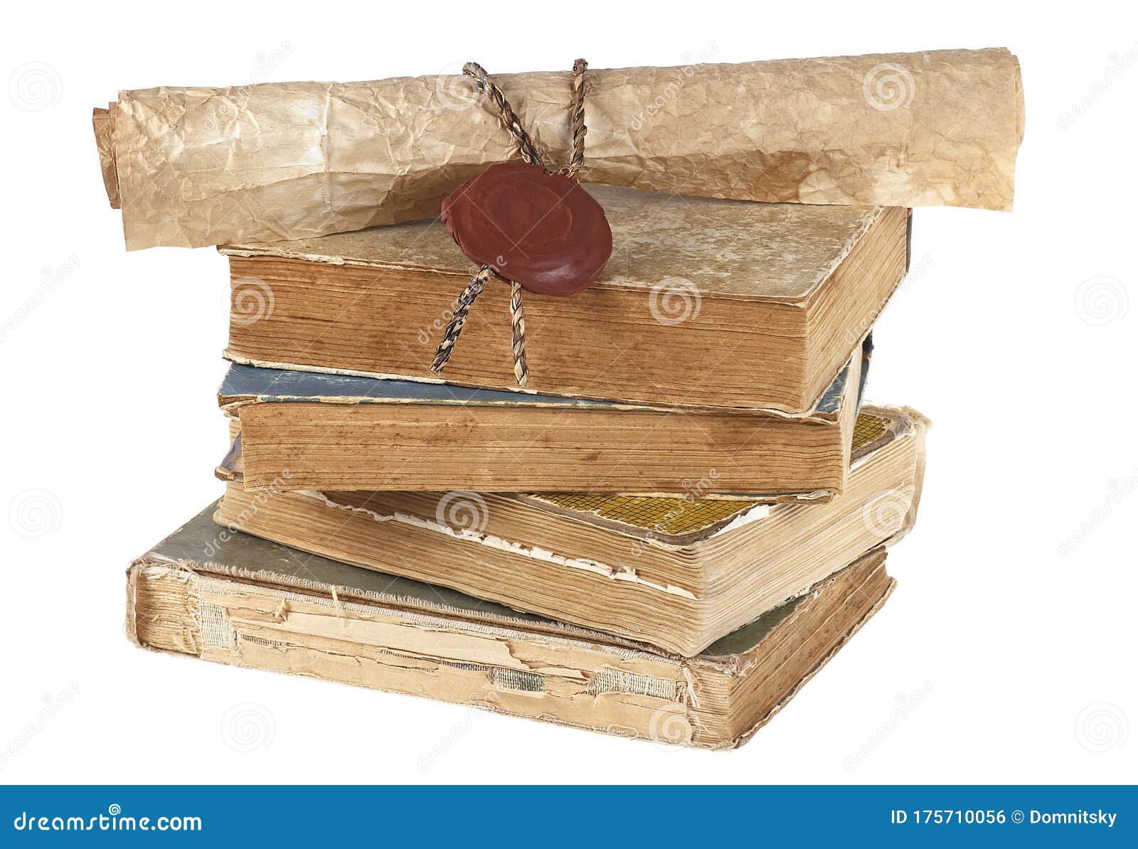 Stack of Old Books and Kraft Paper Scroll on White Background Stock ...