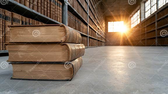 Stack of Old Books in a Library with Sunlight Streaming through the ...