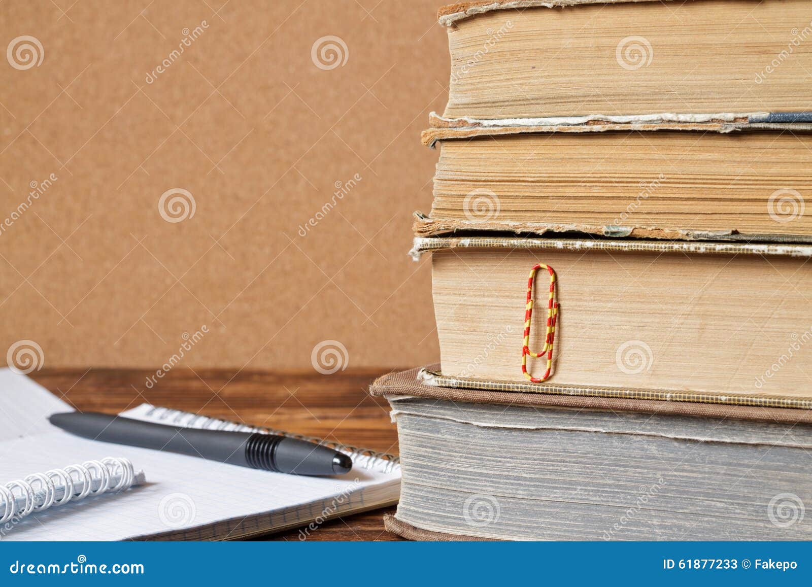 Stack of Old Books, Notebook with Pen on Wooden Table Stock Image ...