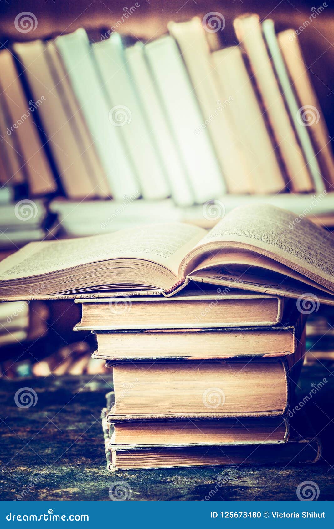 Stack of Old Books at Rack with Books, Front View. Reading,schooling or ...
