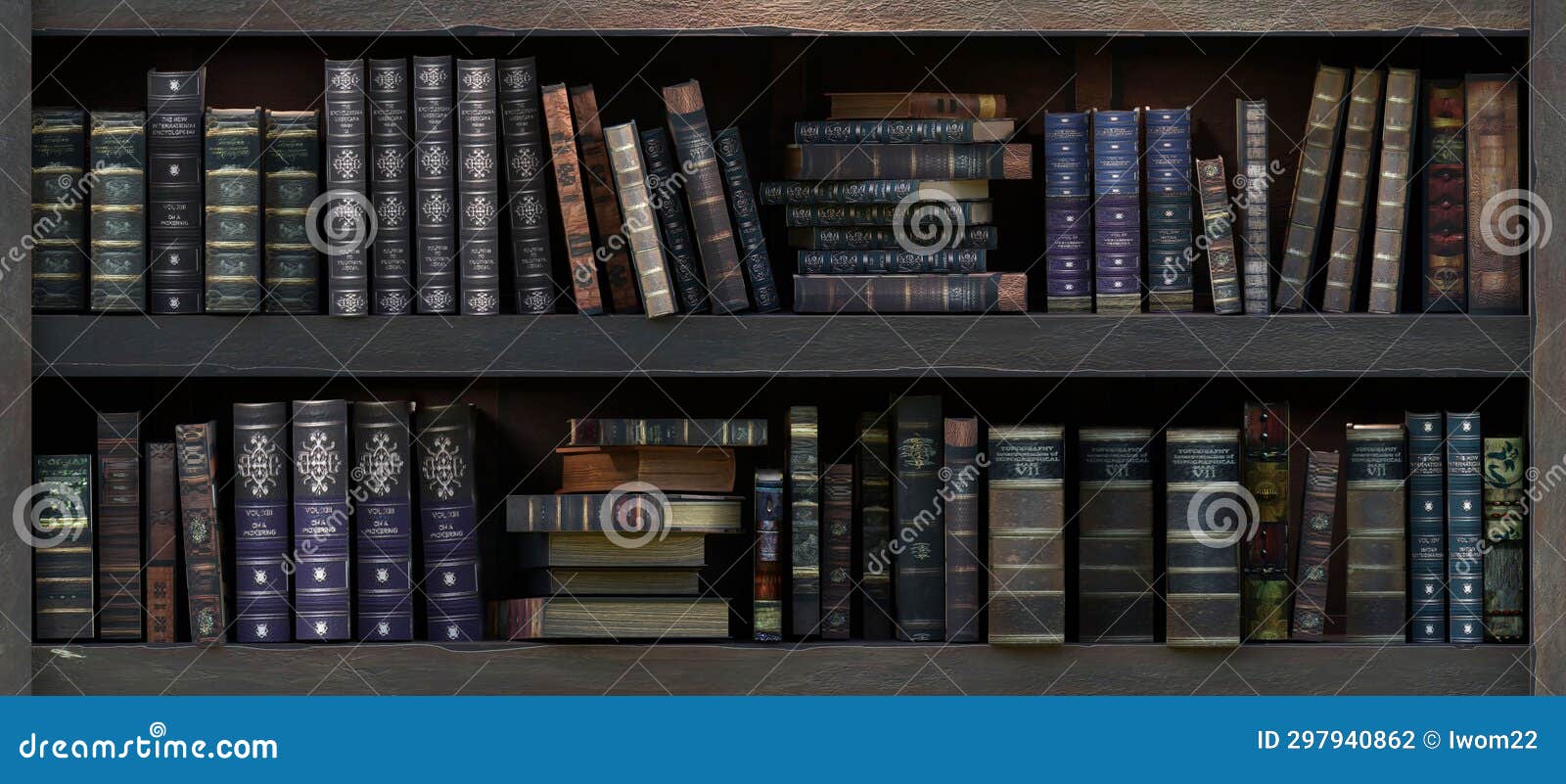 Stack of Old Books in a Row on Bookshelf Stock Illustration ...
