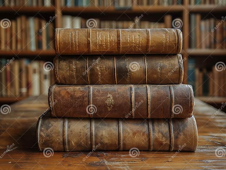 A Stack of Old Books on Table Against Background of Bookshelf in ...