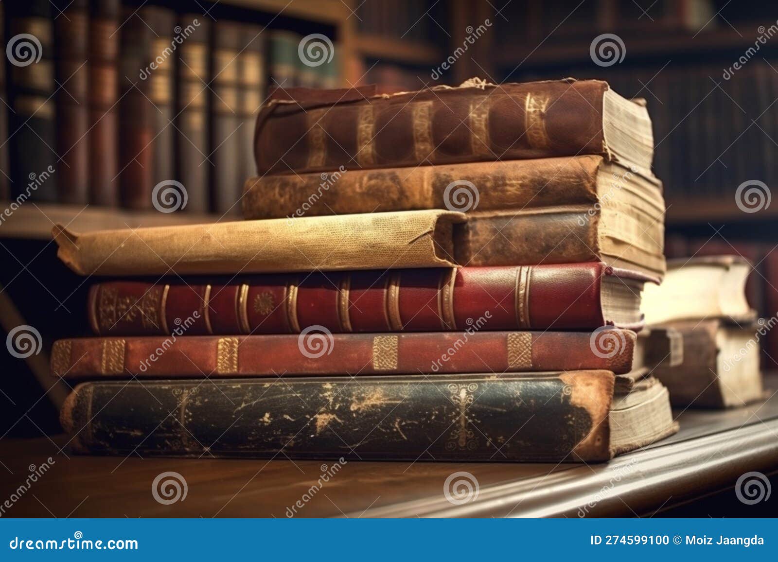 A Stack of Old Books on Table Against Background of Bookshelf in ...