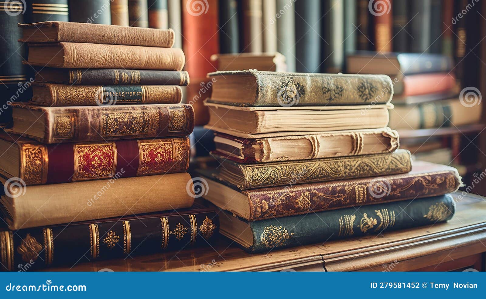 A Stack Of Old Books On Table Against Background Of Bookshelf In