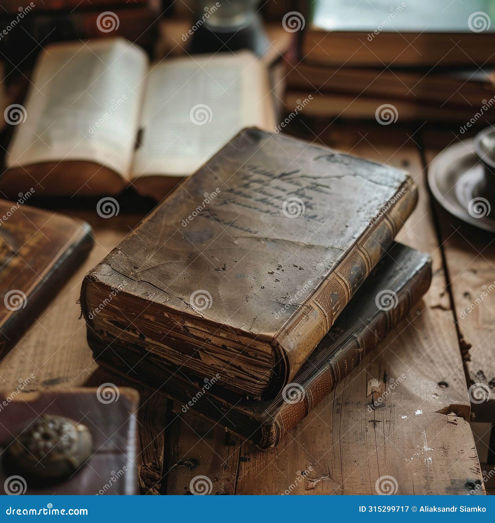 A Stack of Old Books on a Table Stock Illustration - Illustration of ...