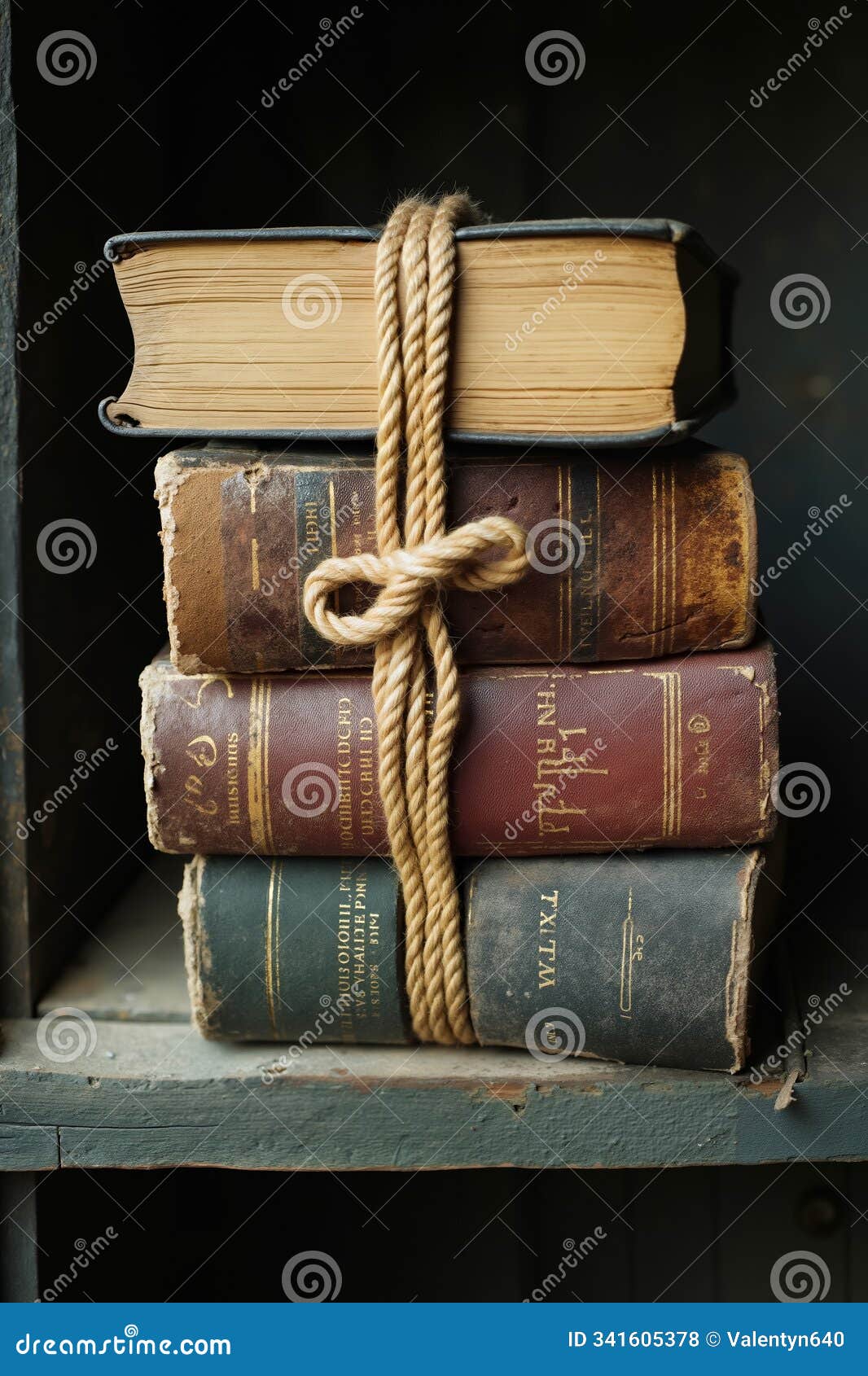A Stack of Old Books Tied Up with a Rope Stock Photo - Image of knot ...