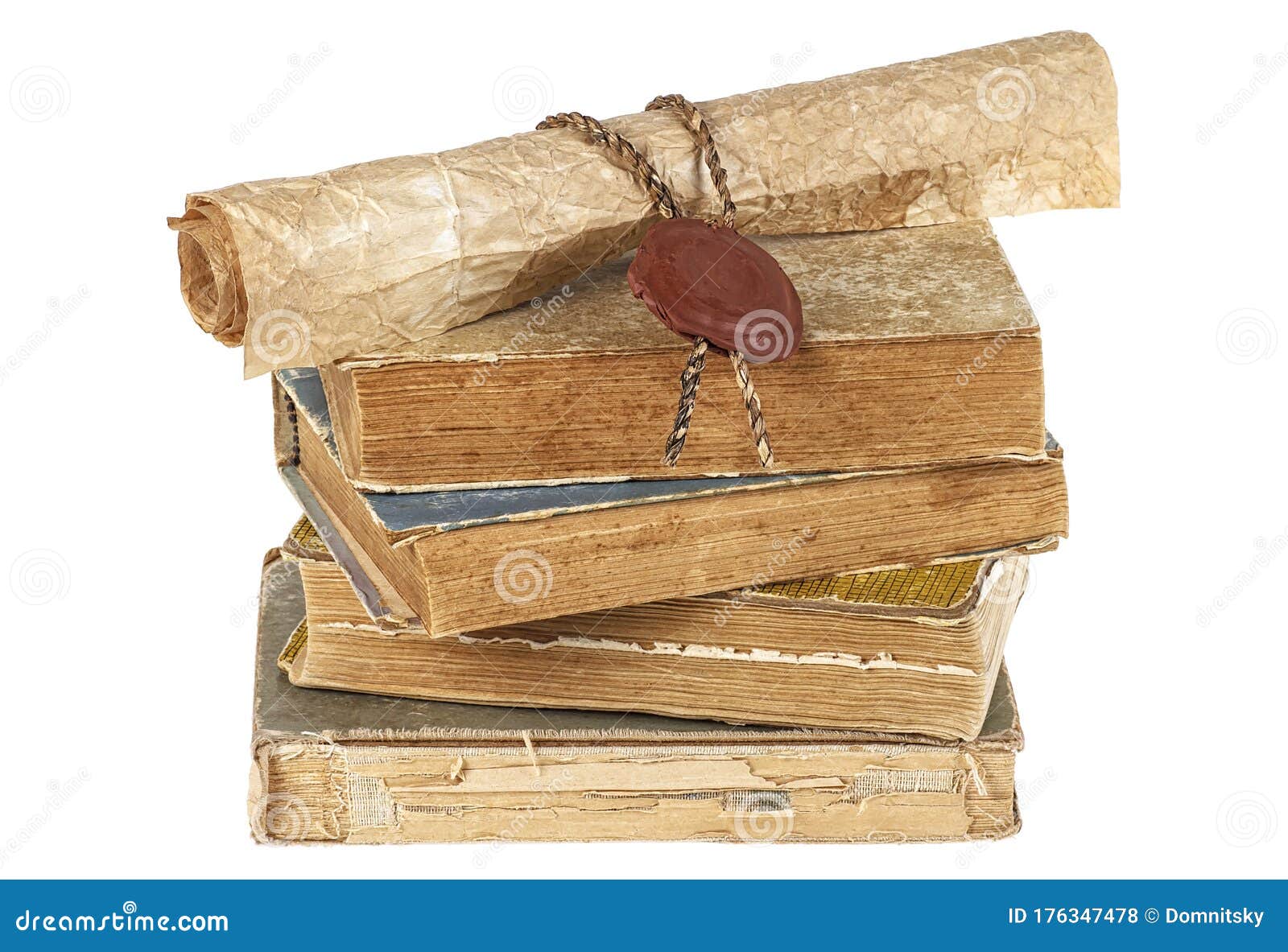 Stack of Old Books and Vintage Scroll Isolated on White Background ...
