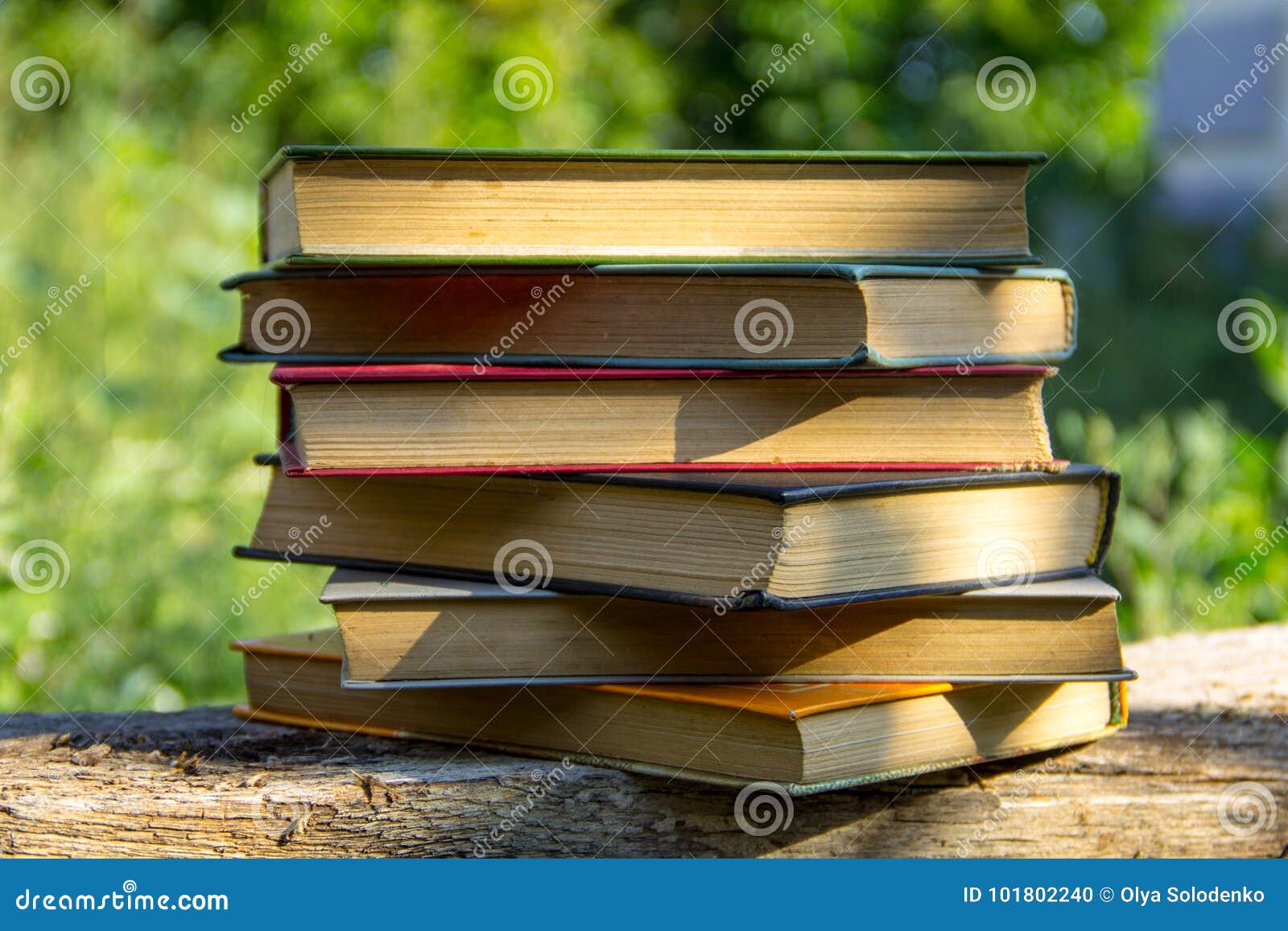 Stack of the Old Books on Wooden Table Stock Photo - Image of garden ...