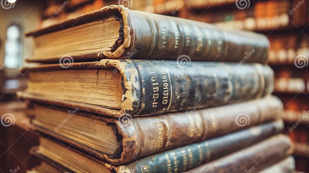 Stack of Old Books with Worn Leather Covers in the Library Stock Photo ...