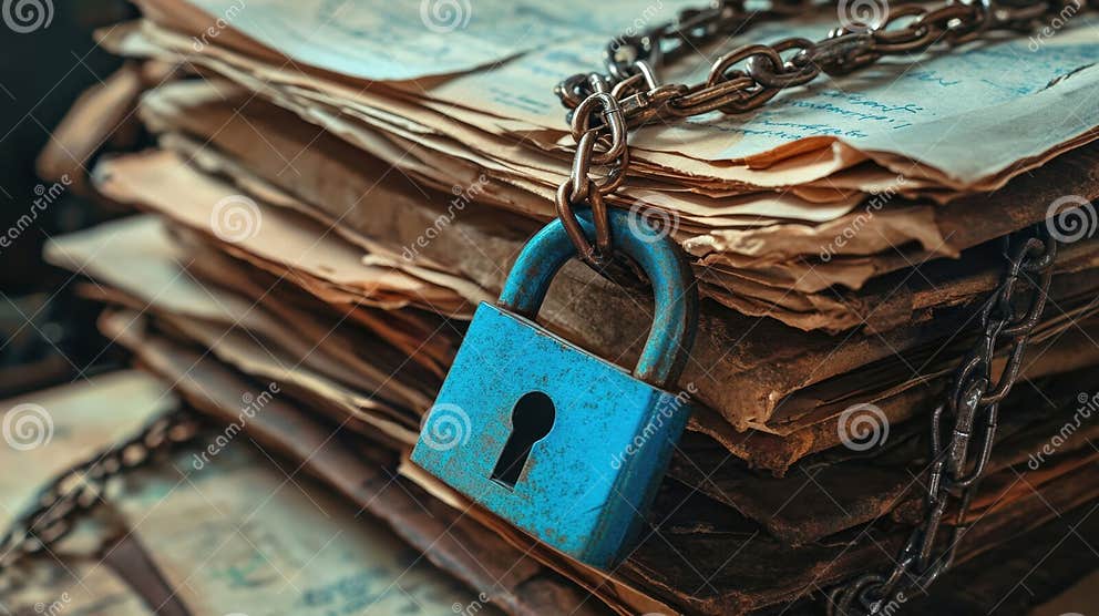Stack of Old Documents Secured with a Chain and a Blue Metal Padlock ...