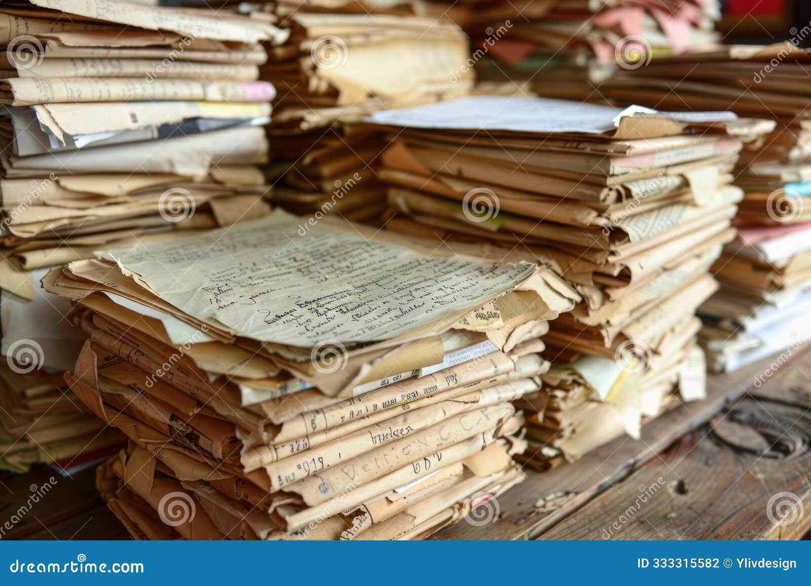 Stack of Old Faded Papers Taking Up Space on Desk Stock Illustration ...