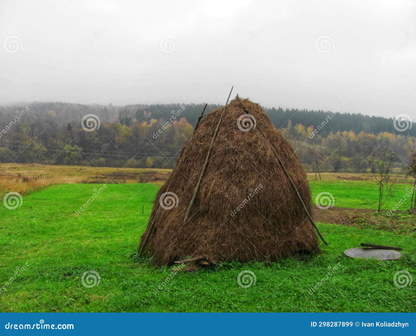 Haystack in the Field Near the Farm in Autumn Stock Image - Image of ...