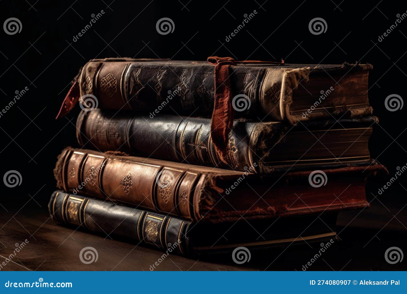 A Stack of Old Leather-bound Books on a Dark Background. Reading ...