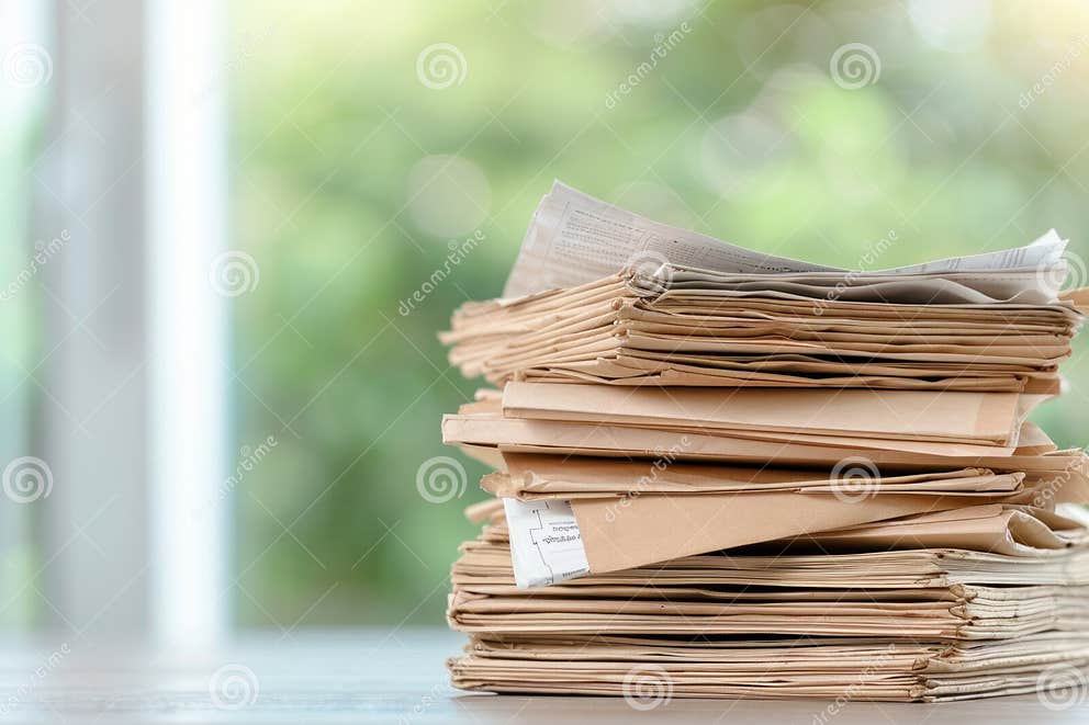 Stack of Old Letters and Documents on Table with Green Blurred ...