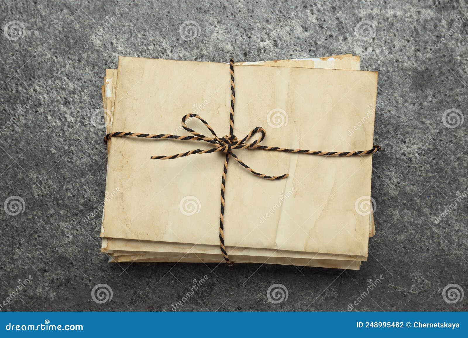 Stack of Old Letters Tied with String on Grey Table, Top View Stock ...