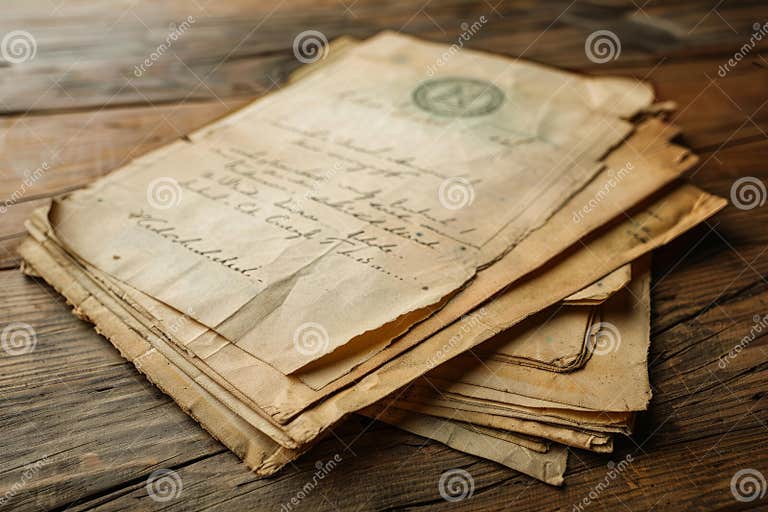 Stack of Old Papers with Handwriting Lying on a Wooden Table Stock ...