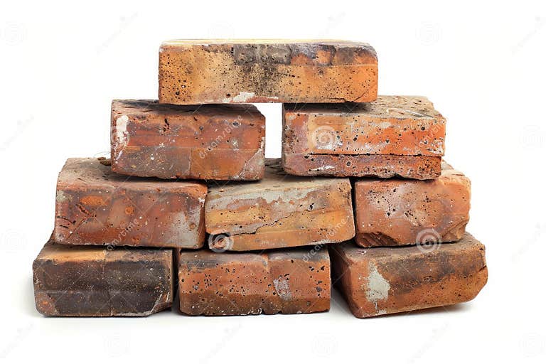 Stack of Old Red Clay Bricks Forming a Pyramid on White Background ...
